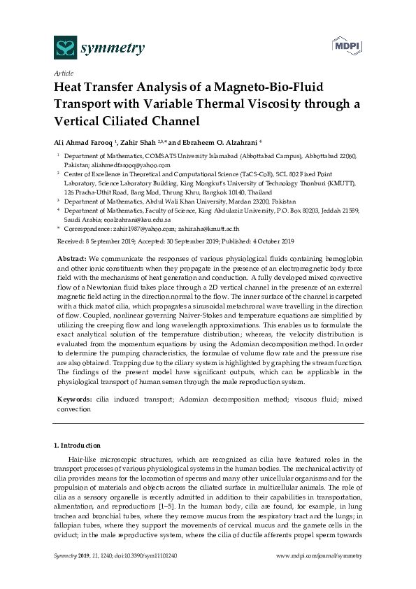 (PDF) Heat Transfer Analysis of a Magneto-Bio-Fluid Transport with Variable Thermal Viscosity ...