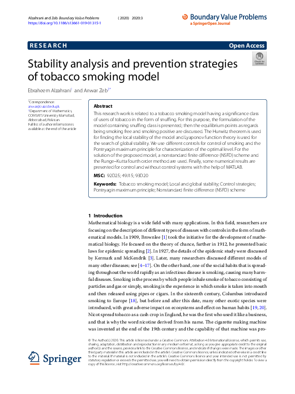 (PDF) Stability analysis and prevention strategies of tobacco smoking model