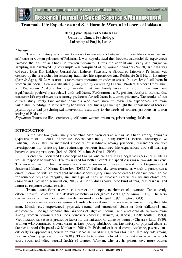 (PDF) Traumatic Life Expereiences and Self-Harm in Women Prisoners of ...