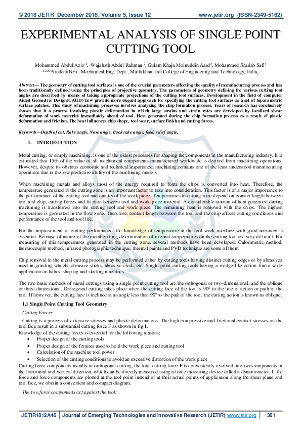 (PDF) Experimental Analysis of Single Point Cutting Tool