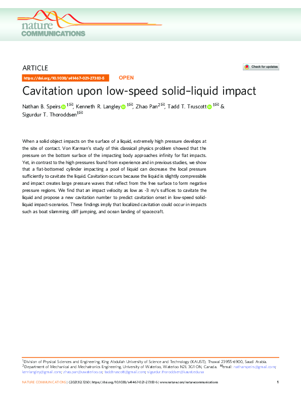 (PDF) Cavitation upon low-speed solid–liquid impact