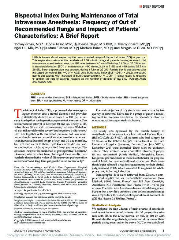 (PDF) Bispectral Index During Maintenance of Total Intravenous ...