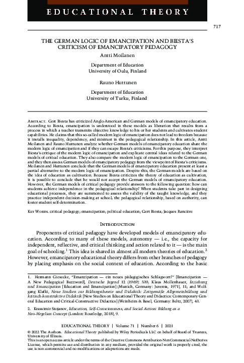 (PDF) The German Logic of Emancipation and Biesta's Criticism of ...
