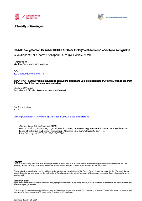(PDF) Inhibition-augmented trainable COSFIRE filters for keypoint detection and object recognition