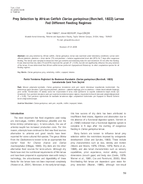 (PDF) Prey Selection by African Catfish Clarias Gariepinus (Burchell ...