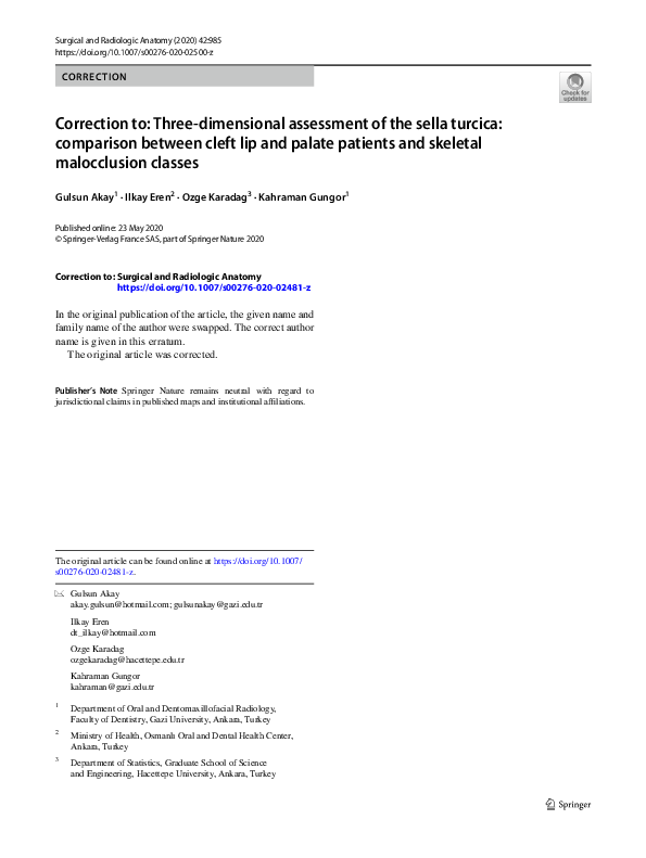 (PDF) Correction to: Three‑dimensional assessment of the sella turcica: comparison between cleft ...