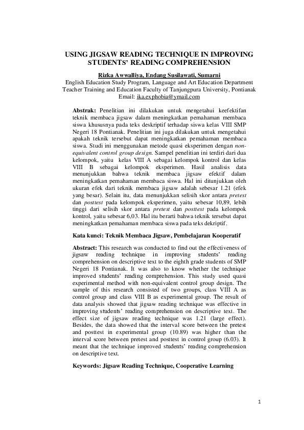 (PDF) Using Jigsaw Reading Technique in Improving Students Reading Comprehension