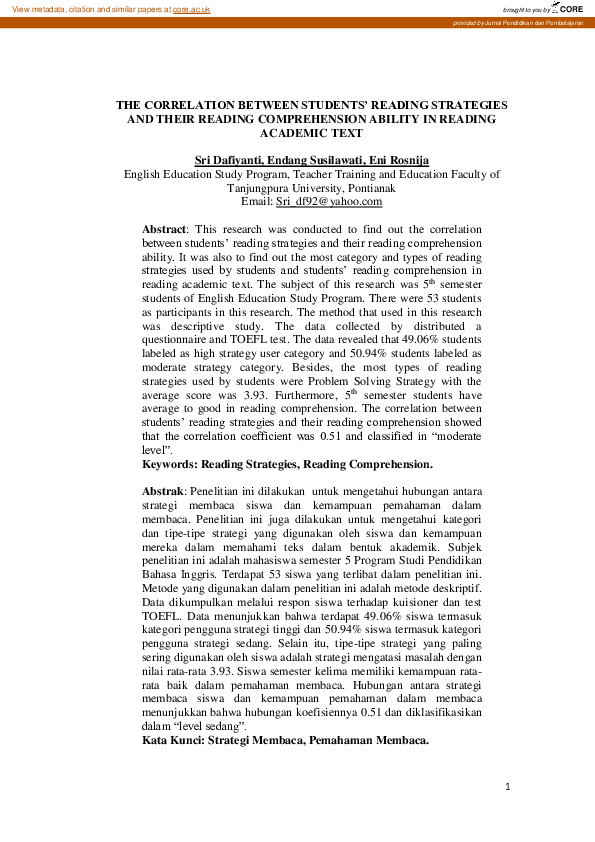 (PDF) The Correlation Between Students’ Reading Strategies and Their Reading Comprehension ...