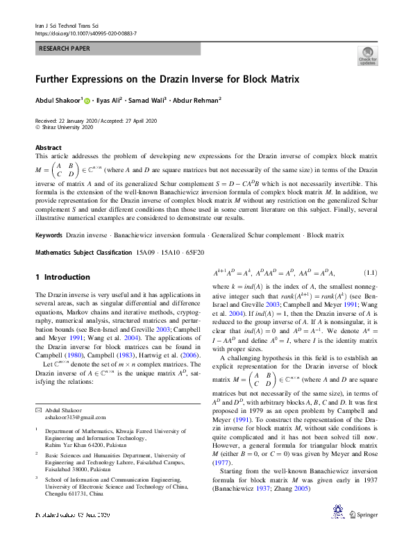 (PDF) Further Expressions on the Drazin Inverse for Block Matrix