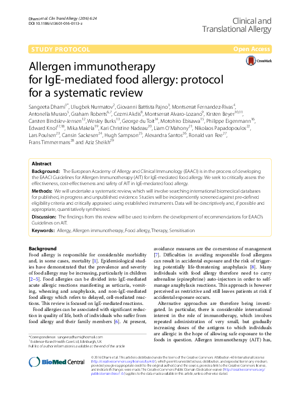 (PDF) Allergen immunotherapy for IgE-mediated food allergy: protocol for a systematic review