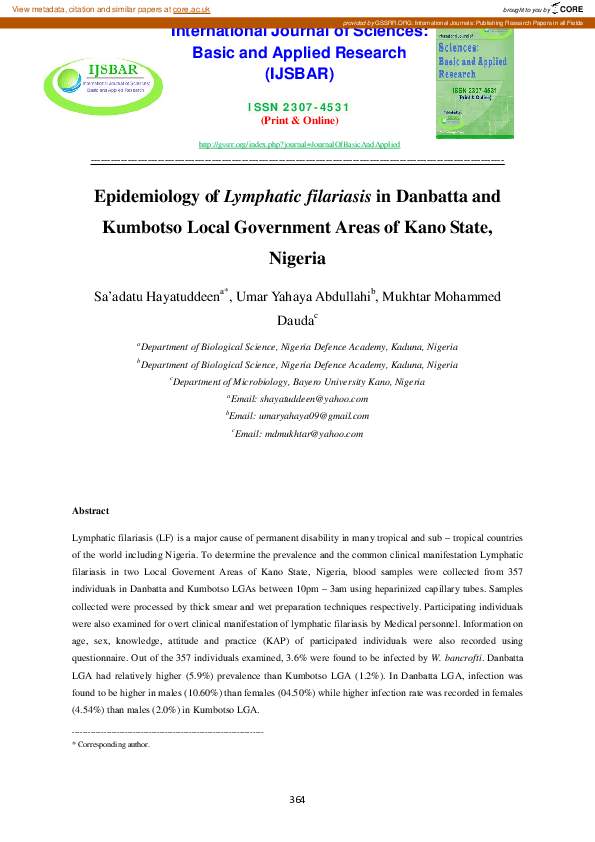 (PDF) Epidemiology of Lymphatic filariasis in Danbatta and Kumbotso ...