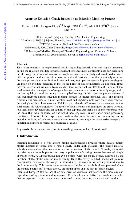 (PDF) Acoustic Emission Crack Detection at Injection Molding Process (PDF) Acoustic Emission Crack Detection at Injection Molding Process