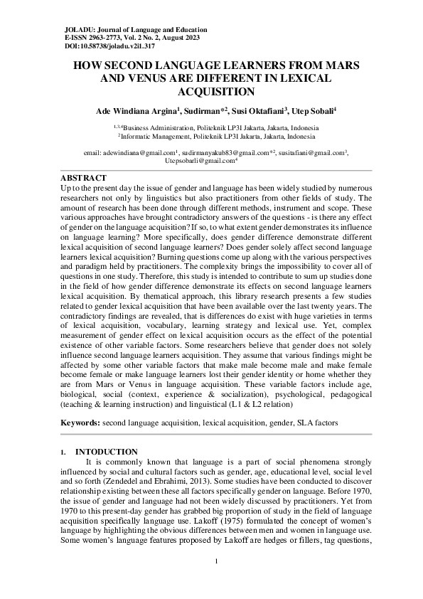 (PDF) How Second Language Learners from Mars and Venus Are Different in ...