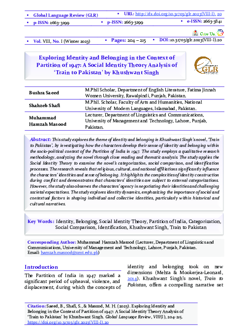 (PDF) Exploring Identity and Belonging in the Context of Partition of ...
