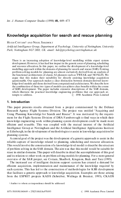 (PDF) Knowledge acquisition for search and rescue planning | Hugh Cottam - Academia.edu