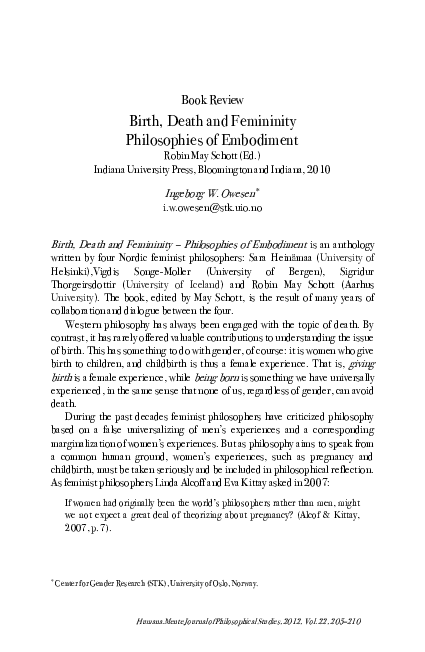 (PDF) Birth, Death, and Femininity: Philosophies of Embodiment
