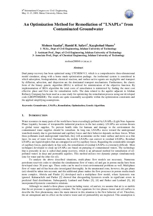 (PDF) An Optimization Method for Remediation of "LNAPLs" from Contaminated Groundwater | mohsen ...