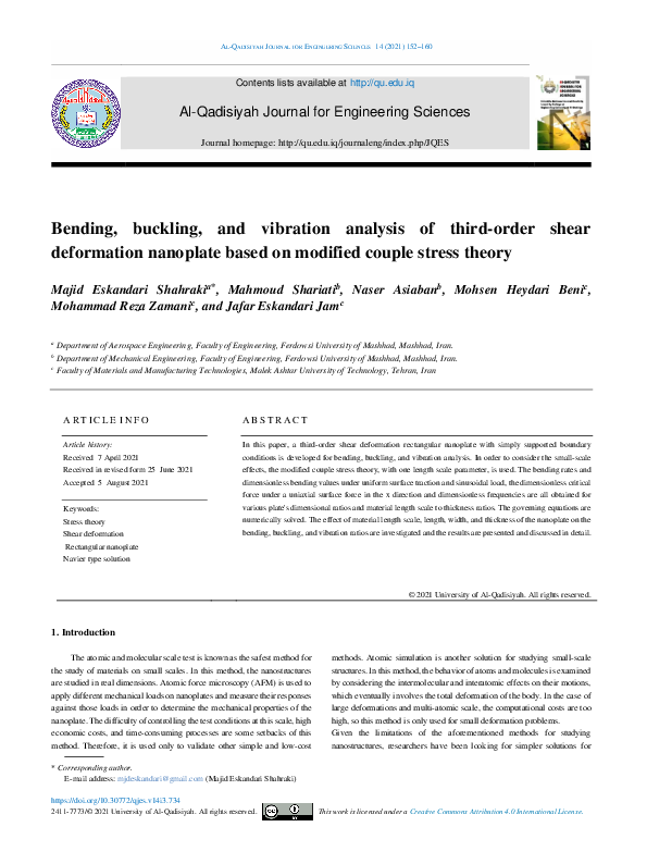 Pdf Bending Buckling And Vibration Analysis Of Third Order Shear Deformation Nanoplate Based