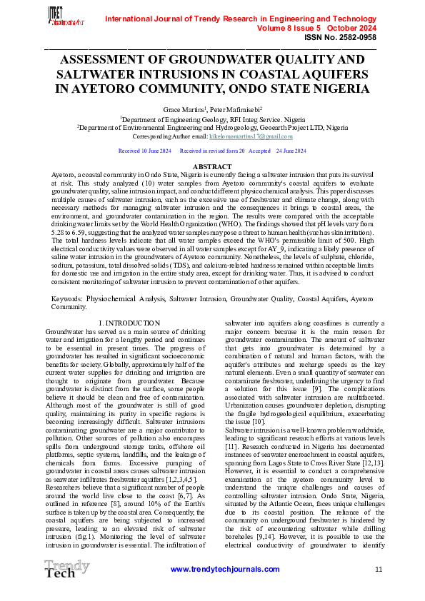 (PDF) ASSESSMENT OF GROUNDWATER QUALITY AND SALTWATER INTRUSIONS IN COASTAL AQUIFERS IN AYETORO ...