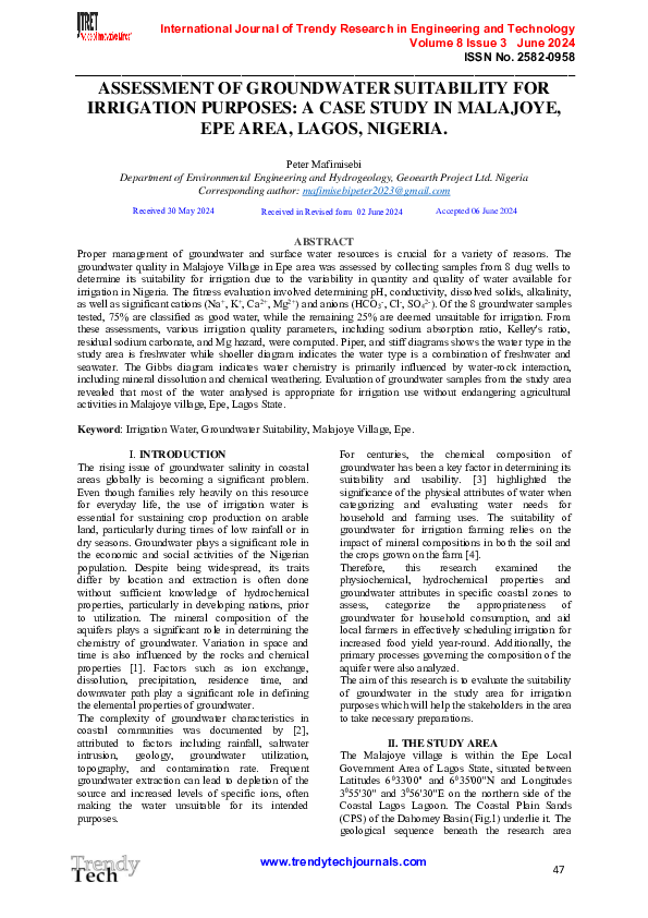 (PDF) ASSESSMENT OF GROUNDWATER SUITABILITY FOR IRRIGATION PURPOSES: A CASE STUDY IN MALAJOYE ...