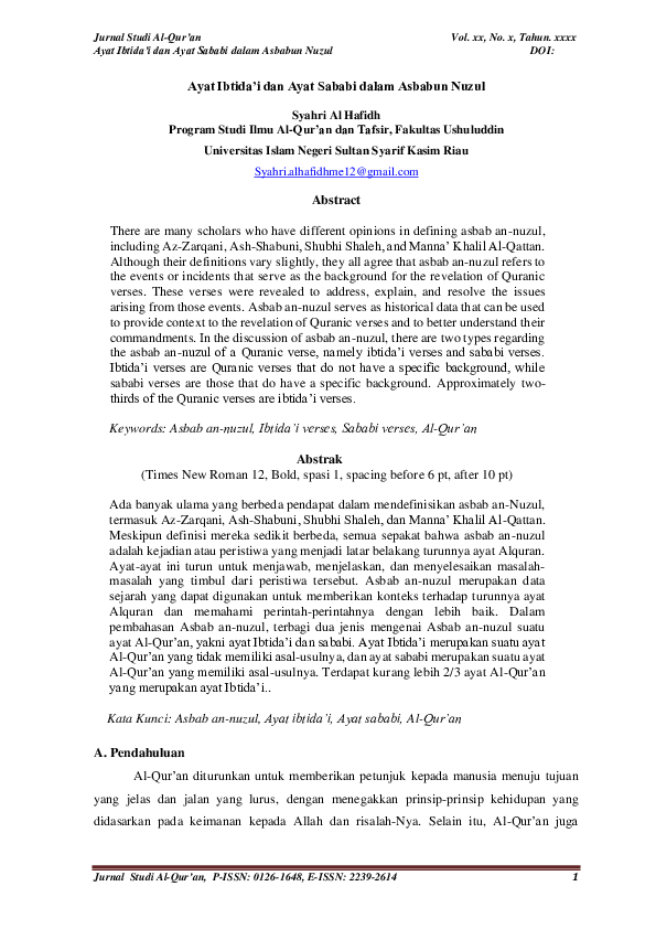 (PDF) Ayat Ibtida'i dan Ayat Sababi dalam Asbabun Nuzul