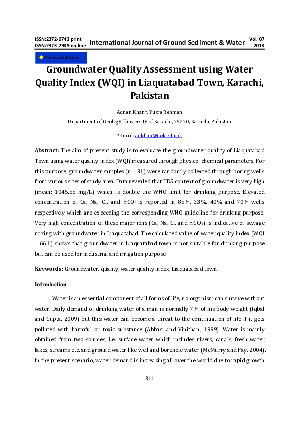(PDF) Groundwater Quality Assessment using Water Quality Index (WQI) in ...