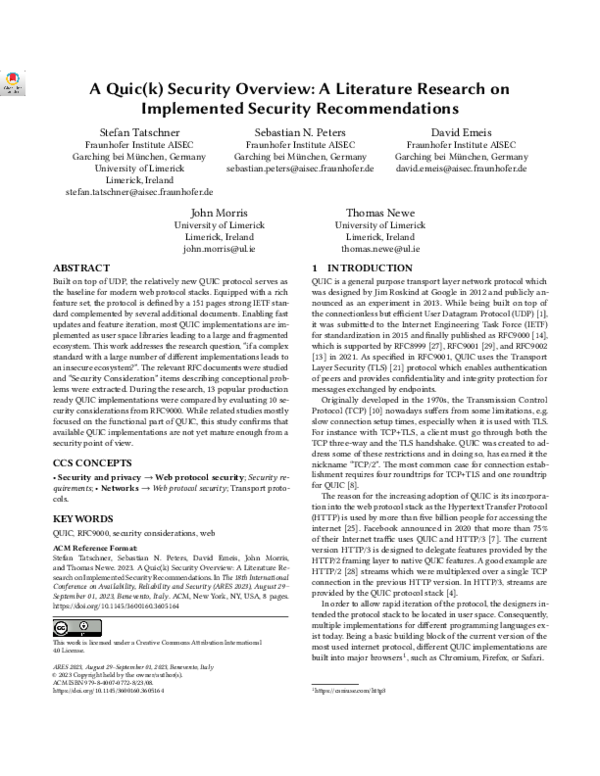 (PDF) A Quic(k) Security Overview: A Literature Research on Implemented ...