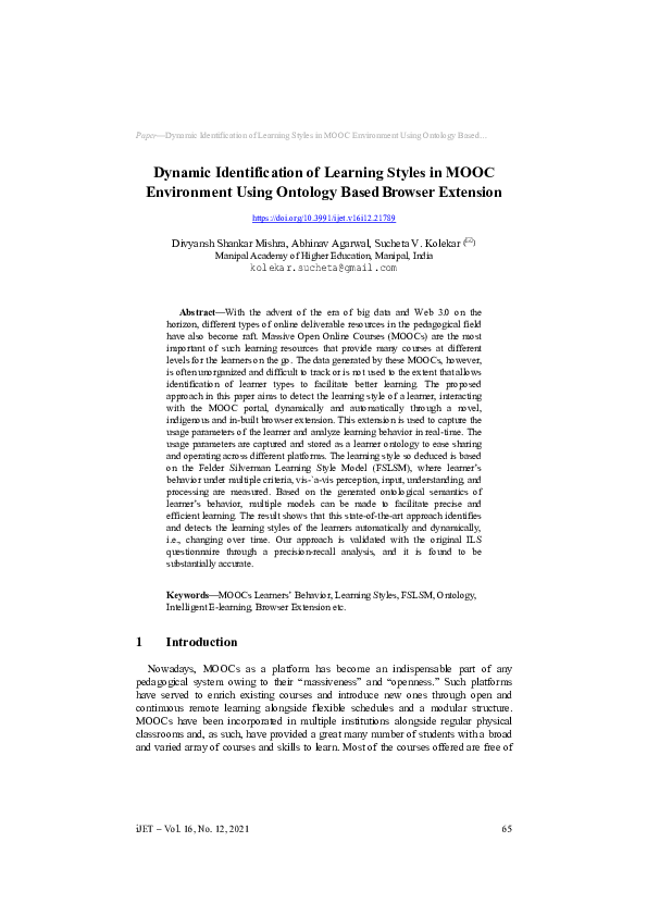 (PDF) Dynamic Identification of Learning Styles in MOOC Environment Using Ontology Based Browser ...