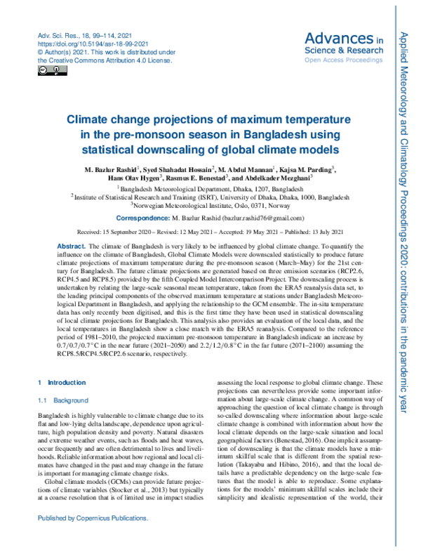 (PDF) Climate change projections of maximum temperature in the pre-monsoon season in Bangladesh ...