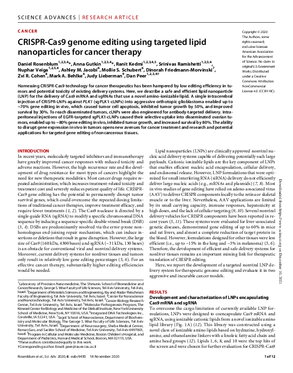 (PDF) CRISPR-Cas9 genome editing using targeted lipid nanoparticles for cancer therapy | Dinorah ...