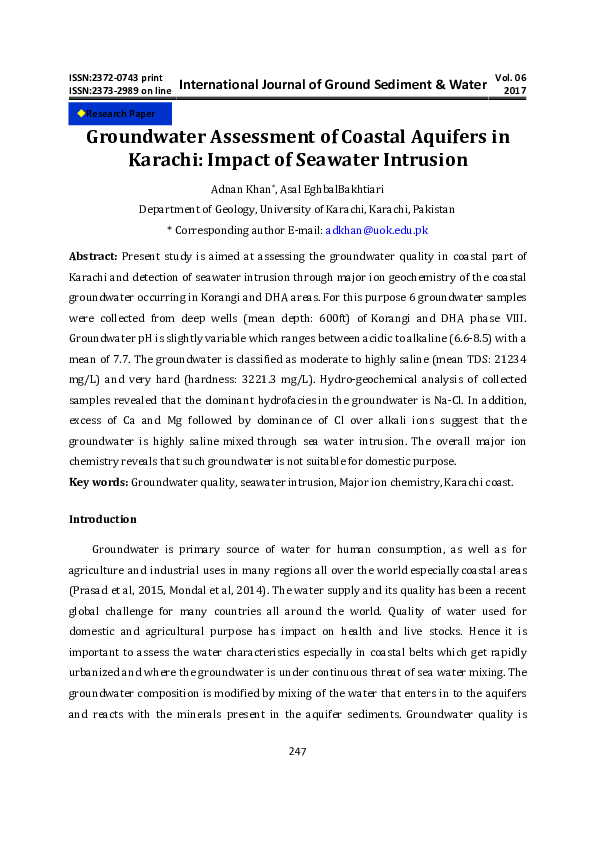(PDF) Groundwater Assessment of Coastal Aquifers in Karachi: Impact of Seawater Intrusion