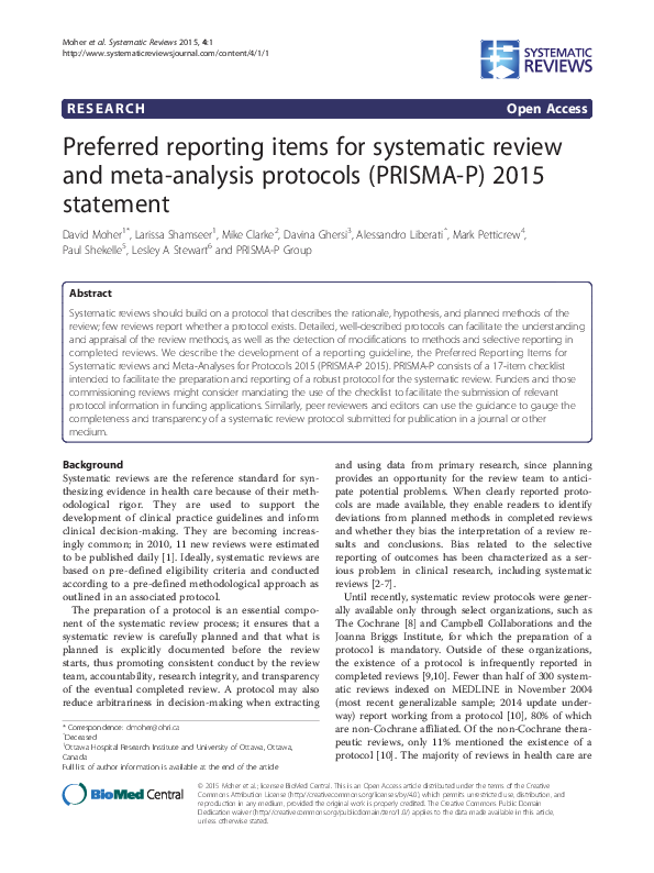 (PDF) Preferred reporting items for systematic review and meta-analysis protocols (PRISMA-P ...