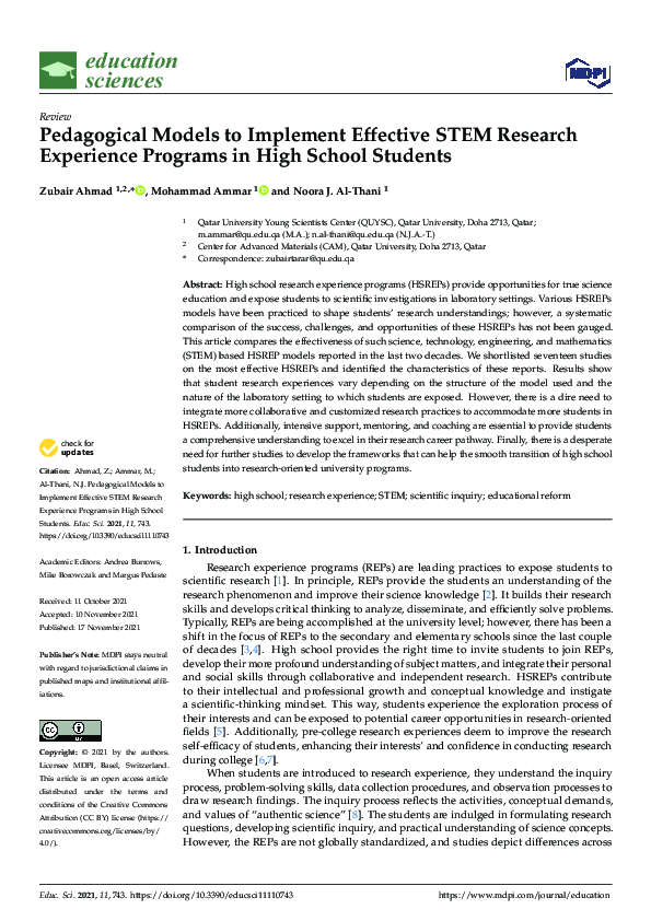 (PDF) Pedagogical Models to Implement Effective STEM Research Experience Programs in High School ...