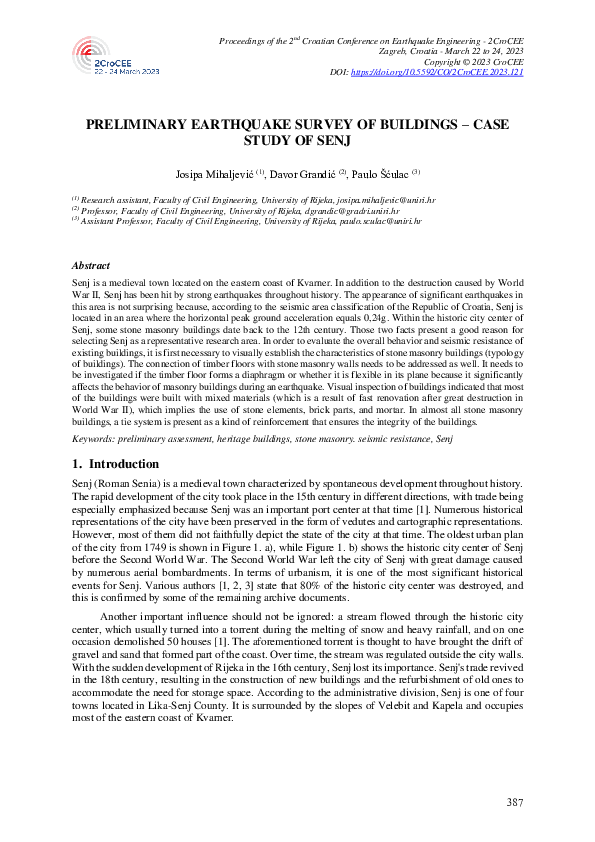 (PDF) Preliminary Earthquake Survey of Buildings – Case Study of Senj