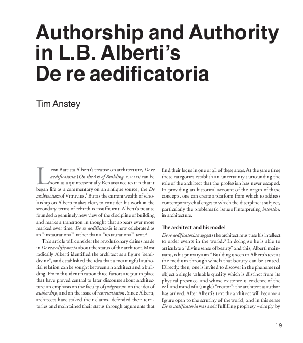 (PDF) Authorship and Authority in L.B. Alberti's De re aedificatoria