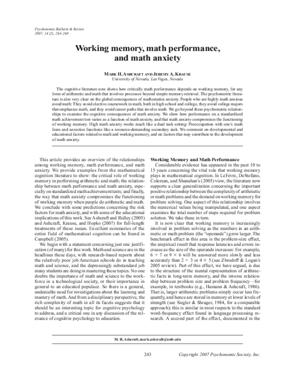 (PDF) Working memory, math performance, and math anxiety