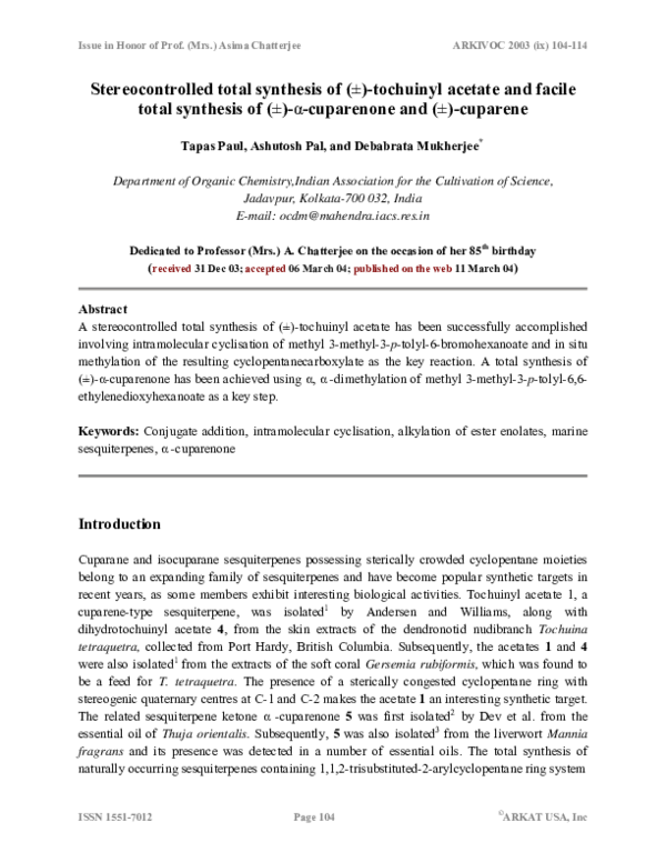 (PDF) Stereocontrolled total synthesis of (±)-tochuinyl acetate and ...