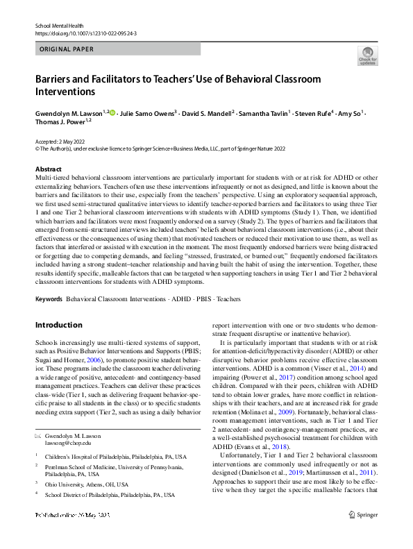 (PDF) Barriers and Facilitators to Teachers’ Use of Behavioral ...