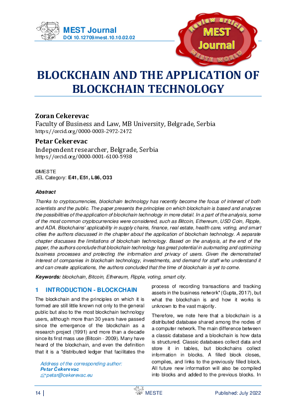 (PDF) Blockchain and the Application of Blockchain Technology