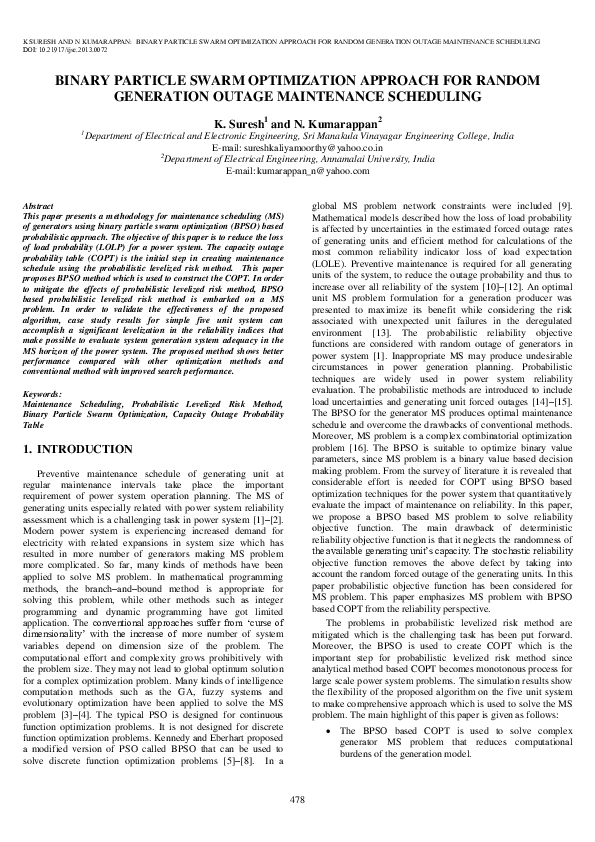 (PDF) Binary Particle Swarm Optimization Approach for Random Generation Outage Maintenance ...