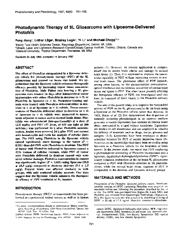 (PDF) Photodynamic Therapy of 9L Gliosarcoma with Liposome‐Delivered ...