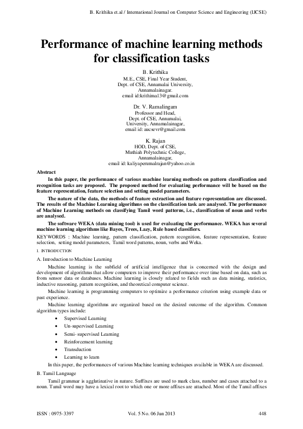 (PDF) Performance of machine learning methods for classification tasks