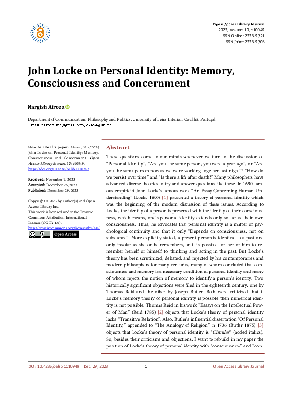 (PDF) John Locke on Personal Identity: Memory, Consciousness and ...