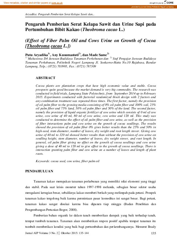 (PDF) Pengaruh Pemberian Serat Kelapa Sawit dan Urine Sapi pada ...