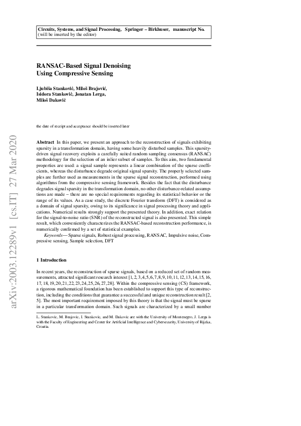 (PDF) RANSAC-Based Signal Denoising Using Compressive Sensing
