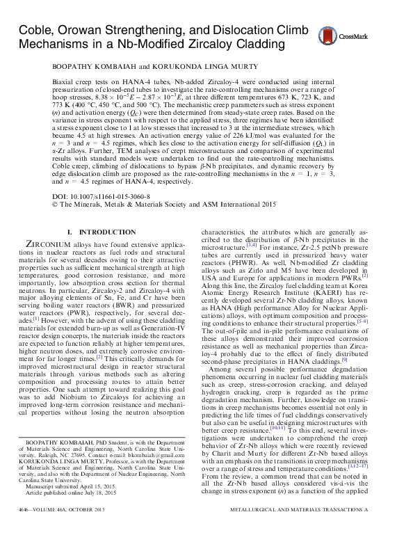 Coble, Orowan Strengthening, and Dislocation Climb Mechanisms in a Nb ...