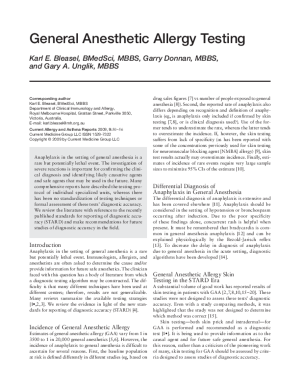 (PDF) General anesthetic allergy testing