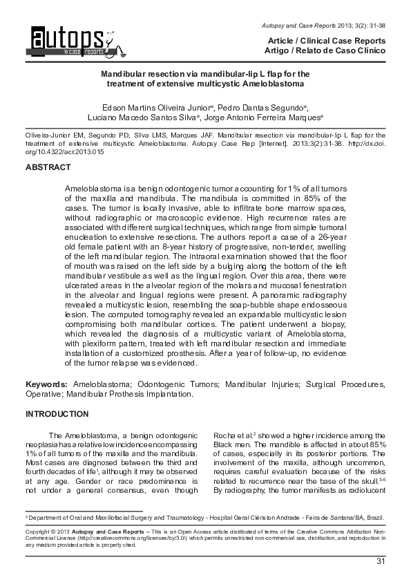 (PDF) Mandibular resection via mandibular-lip L flap for the treatment ...
