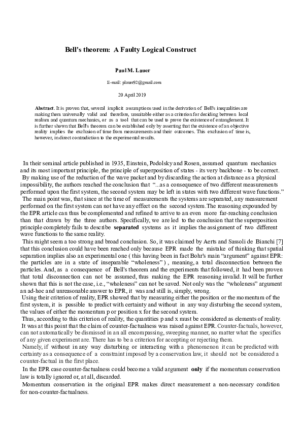 (PDF) Bell's theorem: A Faulty Logical Construct