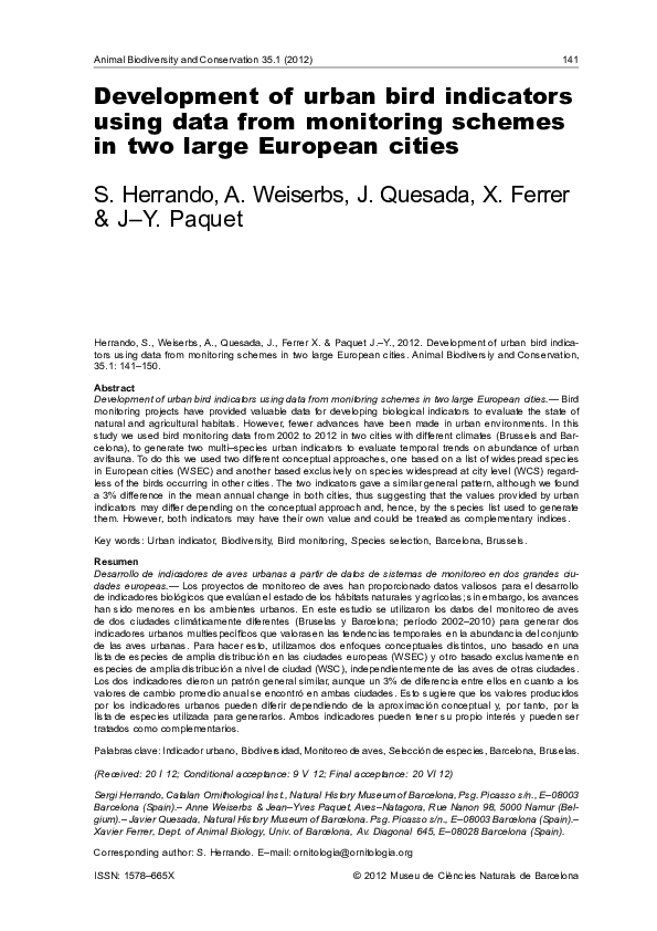 (PDF) Development of an urban bird indicator: using data from ...